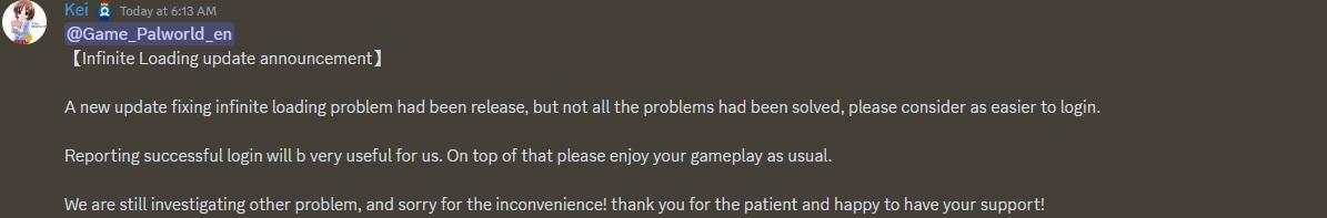 Palworld Devs Share Update on Infinite Loading Screen Problem