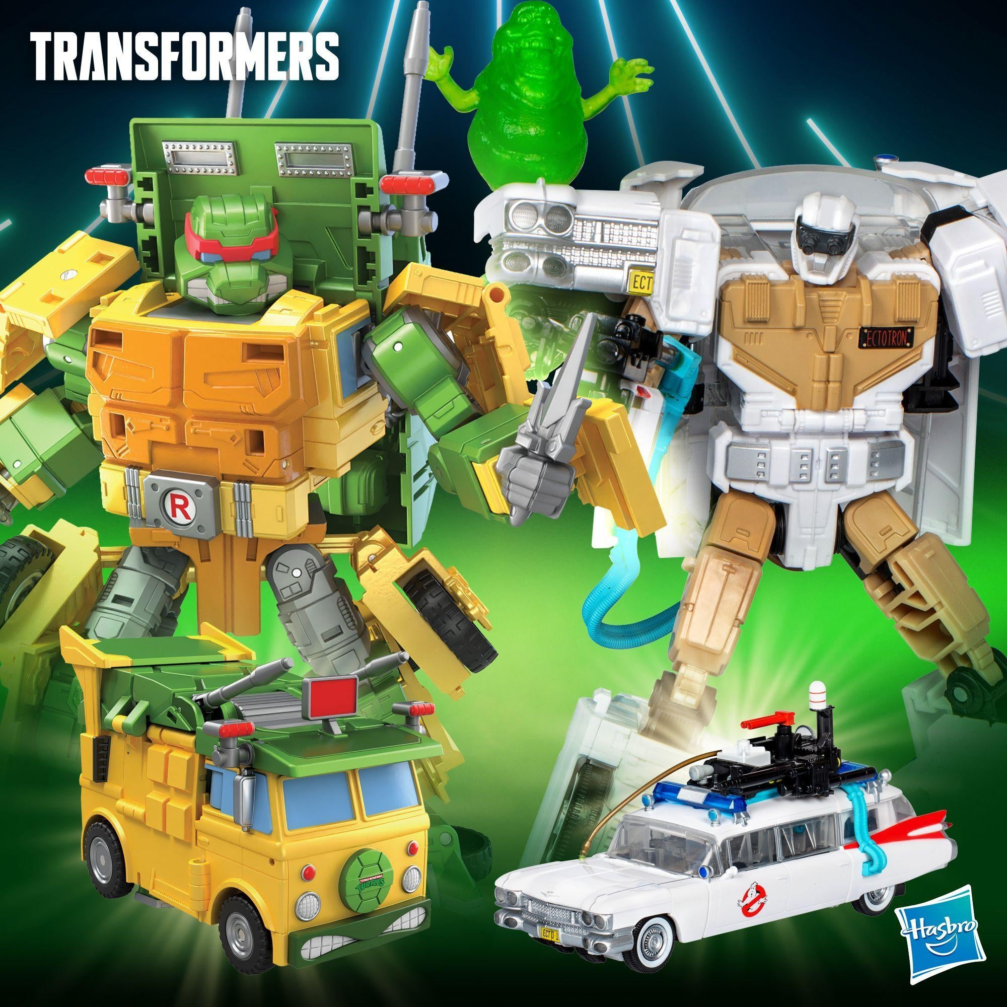 Transformers TMNT Party Wagon and Ghostbusters Ecto-1 Crossover Figures ...