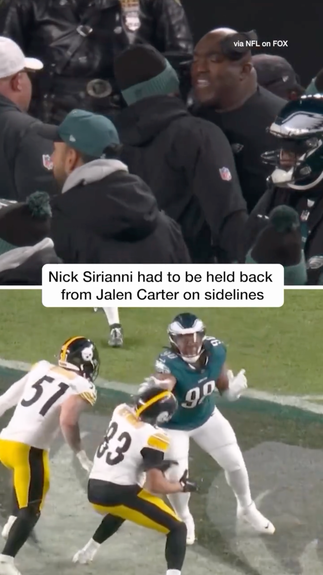 Nick Sirianni had to be held back from Jalen Carter on the sidelines ...