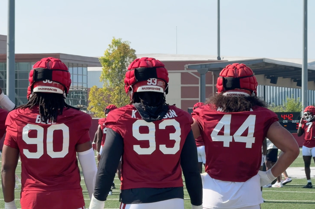 Arkansas defensive linemen in action during fall camp Stream of General ...