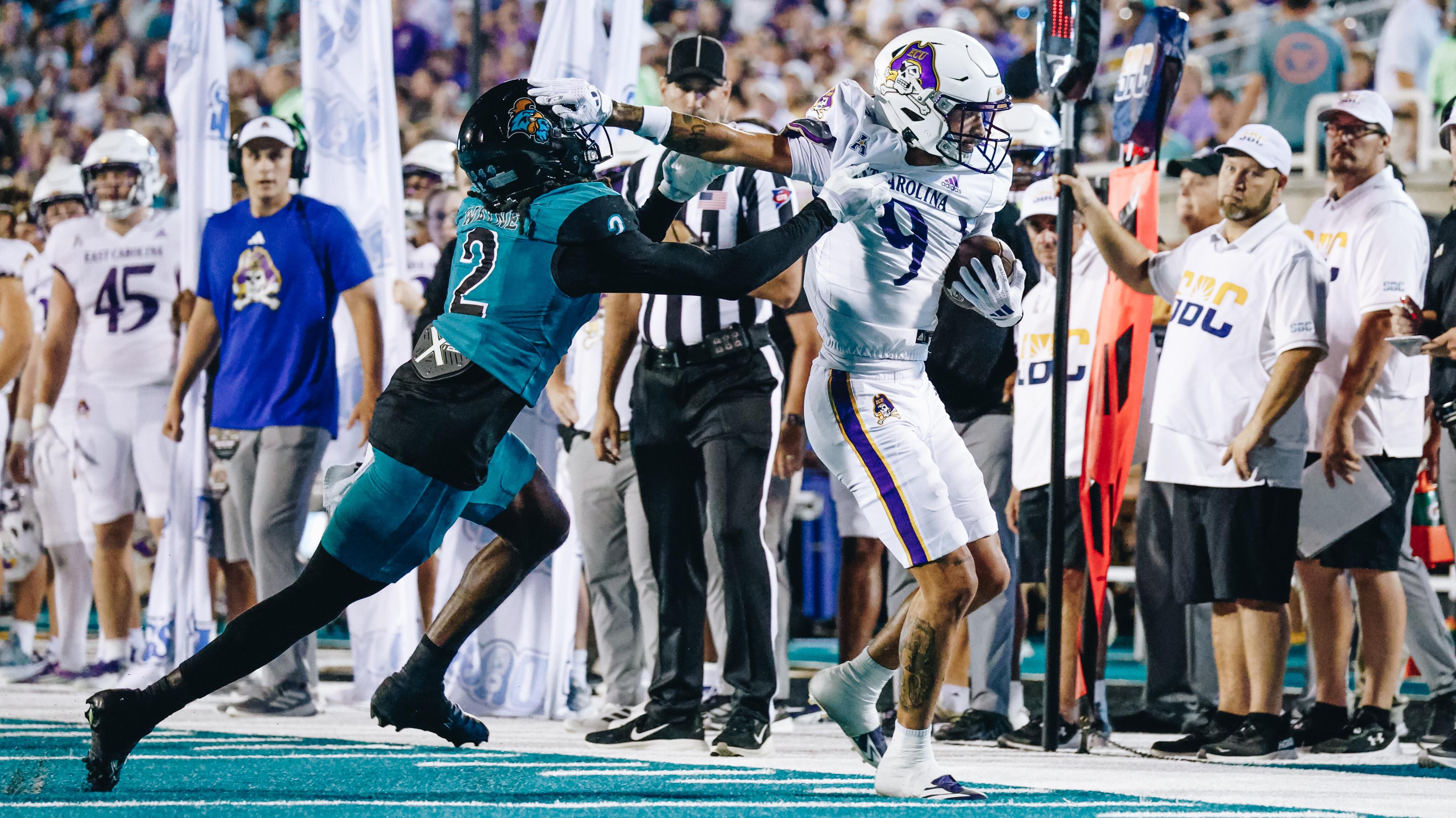 ECU WR Anthony Smith reacts to the team's shutout win at Coastal ...