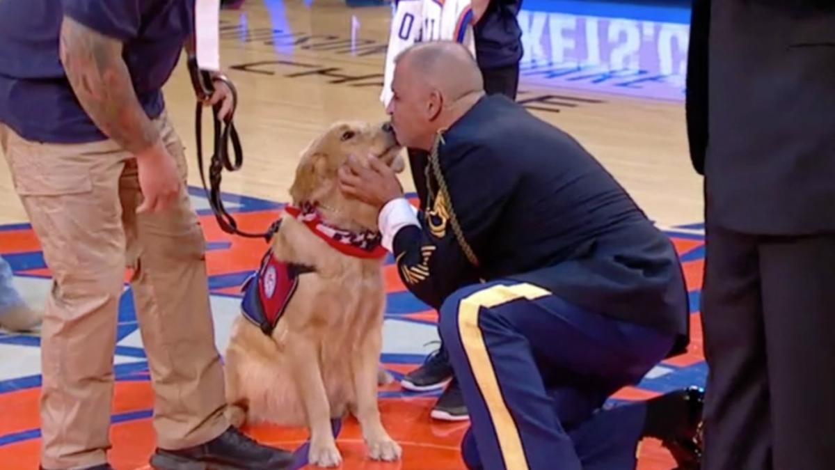 WATCH: New York Knicks surprise Army veteran with service dog - CBS Sports
