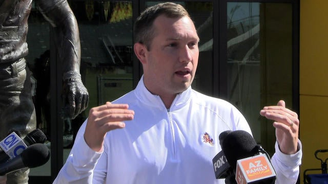 ASU head football coach Kenny Dillingham reacts to Graham Rossini being ...