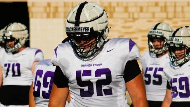 TCU C James Brockermeyer meets with the media